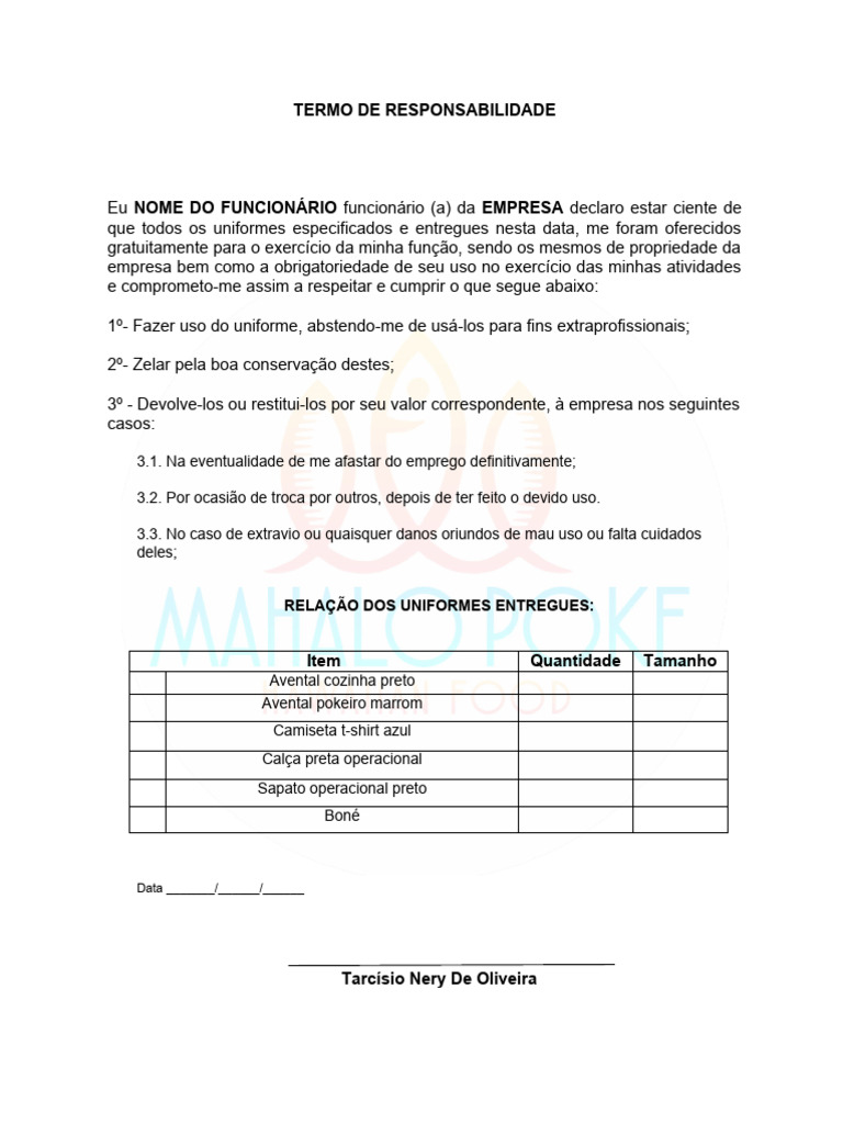 Termo De Responsabilidade De Uniforme Pdf