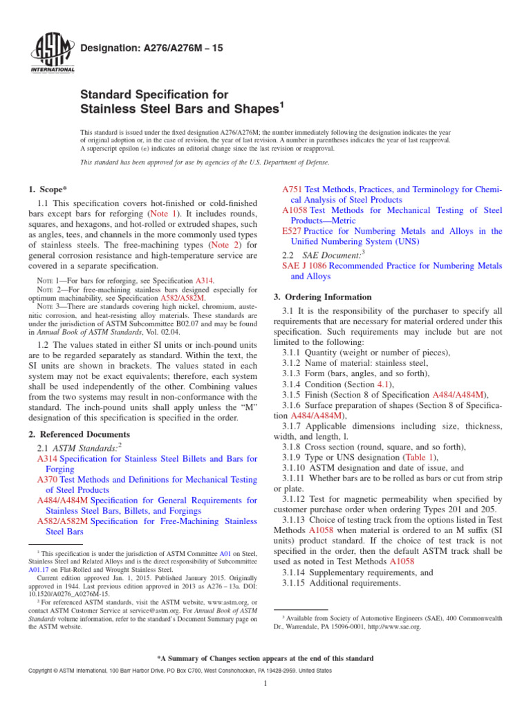 A276 15 Standard Specification For Stainless Steel Bars and Shapes ...
