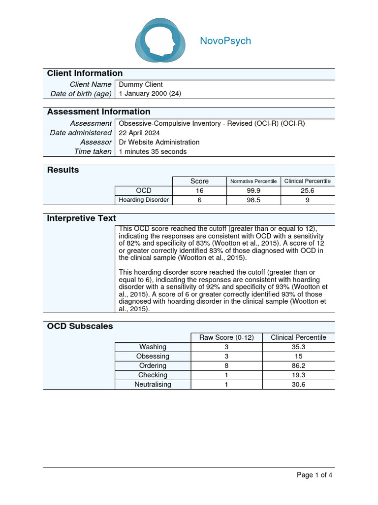 Dummy Client OCI-R 2024-04-23 | PDF | Obsessive–Compulsive Disorder ...