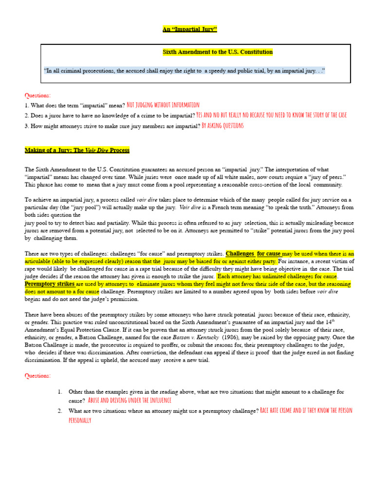 Understanding Impartial Juries and Voir Dire | PDF | Peremptory ...