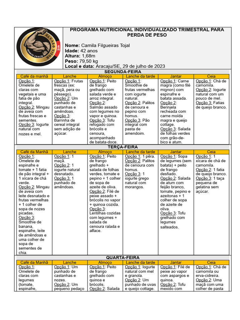 PROGRAMA NUTRICIONAL INDIVIDUALIZADO TRIMESTRAL PARA PERDA DE PESO | PDF | Chá | Culinária vegana