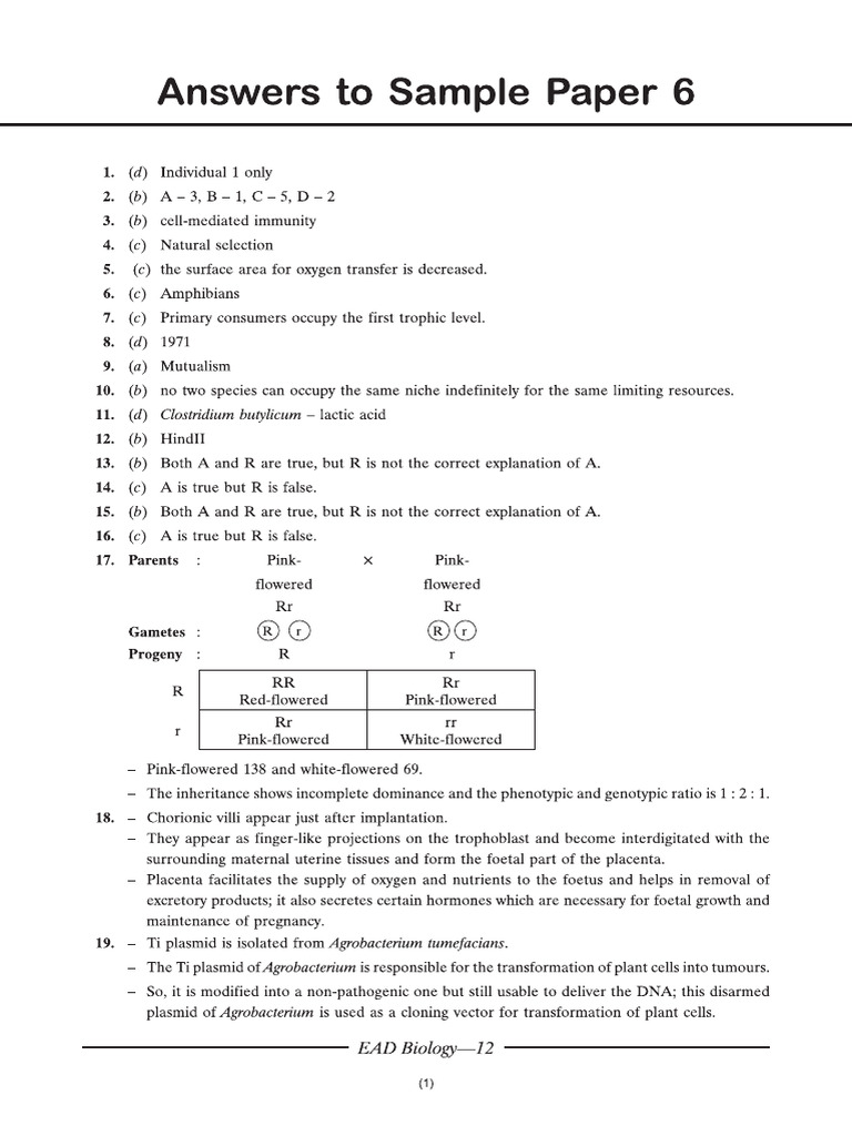 Cbse cl12 Ead Biology Answers To Sample Paper 6 | PDF
