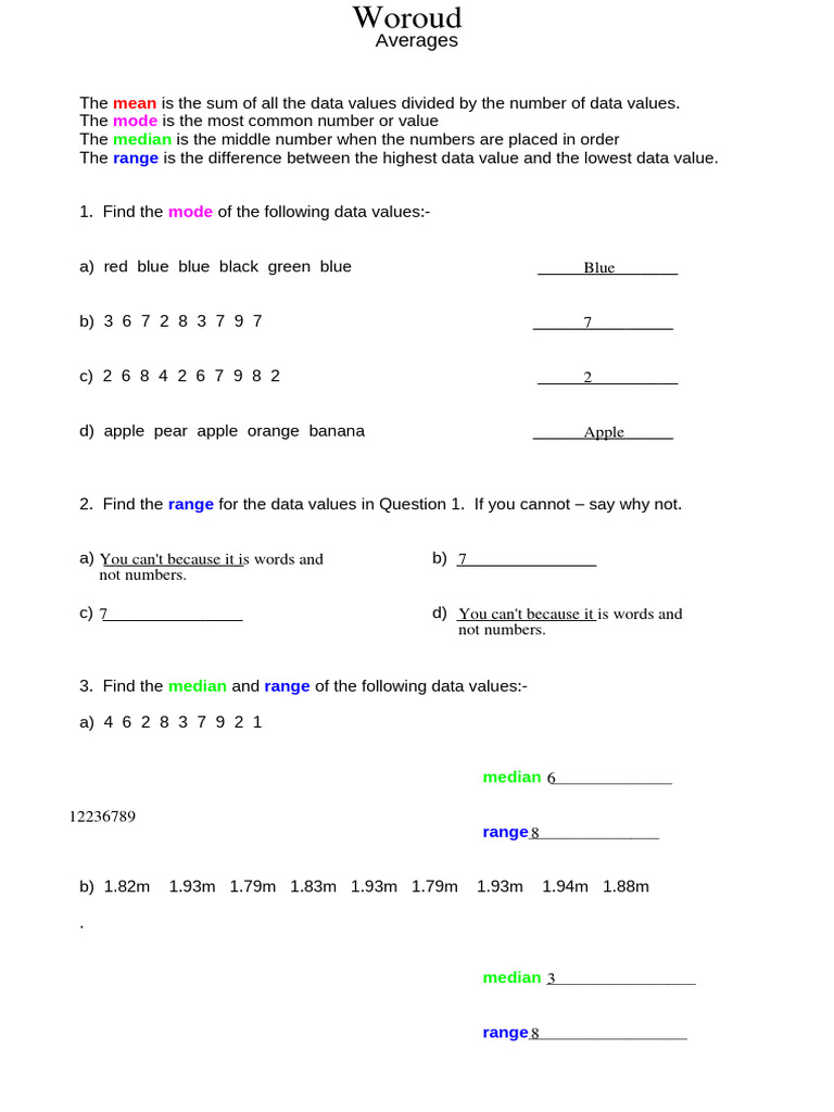 1) Mean, Median, Mode and Range Easier | PDF | Arithmetic Mean | Mean