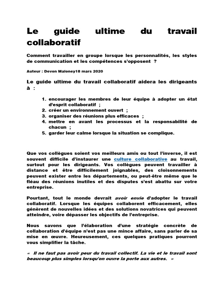 Le Guide Ultime Du Travail Collaboratif | PDF | Évolution de carrière ...