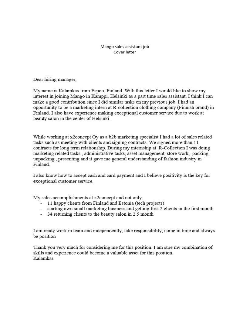 Mango Sales Assistant Application Letter | PDF