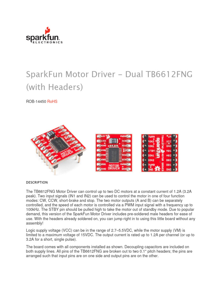 Motor Driver - Dual TB6612FNG ROB-14450 - Web | PDF
