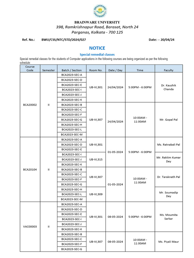 Remedial Classes Schedule for BCA & MCA | PDF