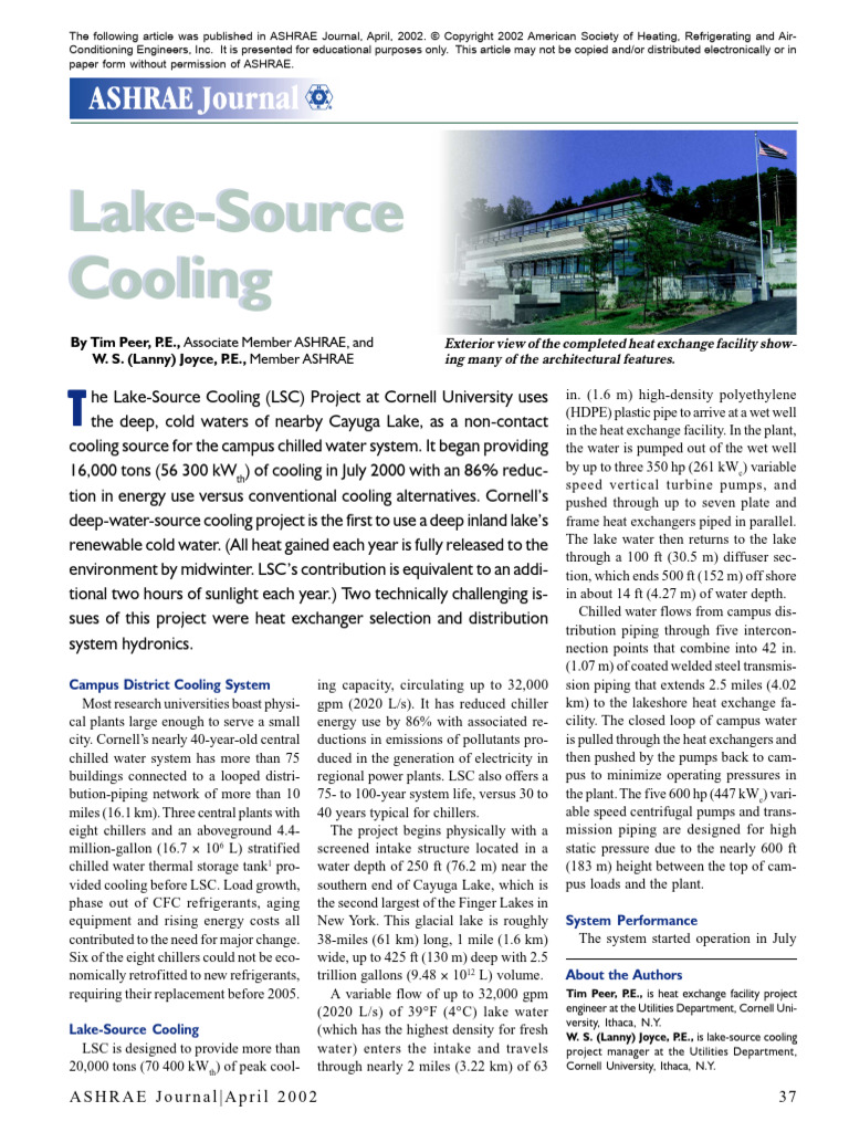 2002 04 Lake-Source Cooling - Peer | PDF | Pump | Heat Exchanger