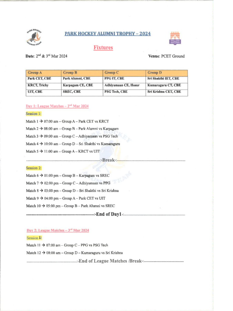 Park Hockey Alumni Trophy Final Fixtures-2024 | PDF