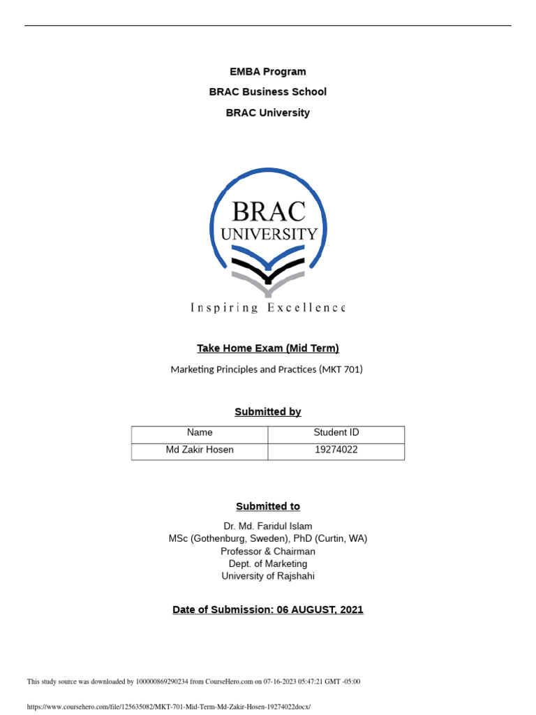 MKT 701 Mid Term MD Zakir Hosen 19274022 | PDF | Brand | Marketing