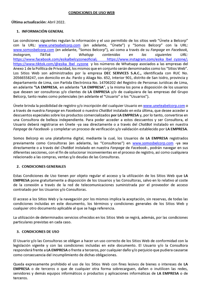 Condiciones de Uso de Sitios Web Belcorp | PDF | Sitios web | Red mundial