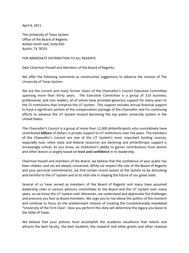 Chancellor's Council Executive Committee Letter To Regents | PDF ...