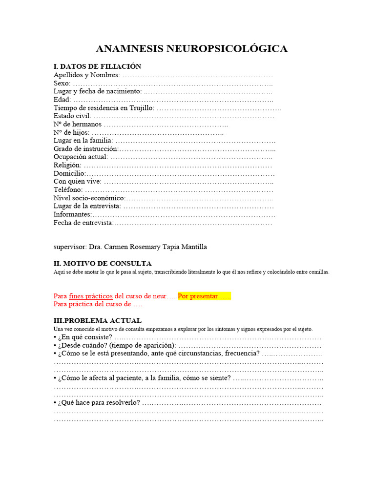 Anamnesis Neuropsicológica Completa | PDF | Neurología | Parto