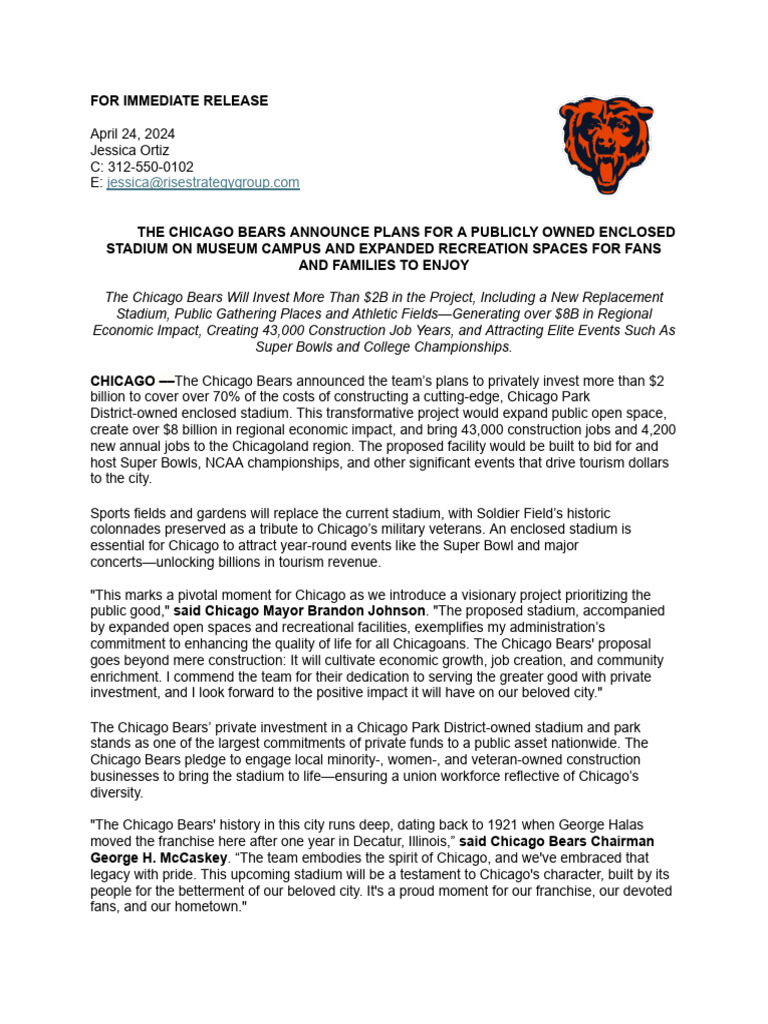 Stadium Announcement Press Release | PDF | Chicago | Chicago Bears
