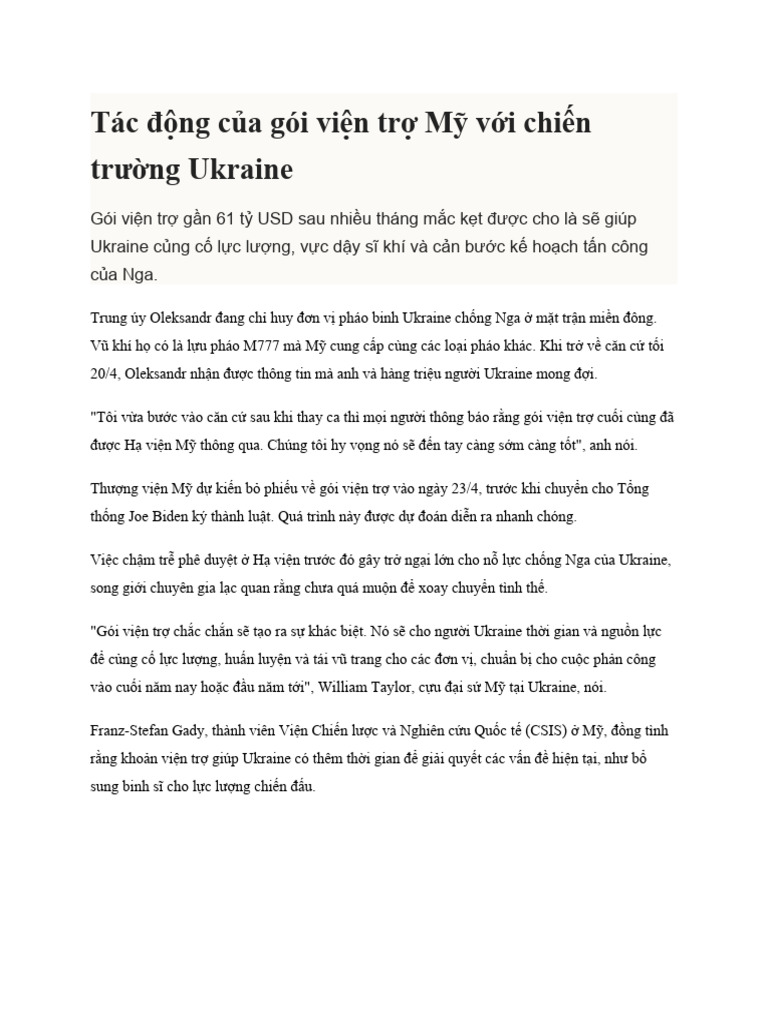 Tac Dong Cua Goi Vien Tro My Voi Chien Truong Ukraine 4736976.html | PDF