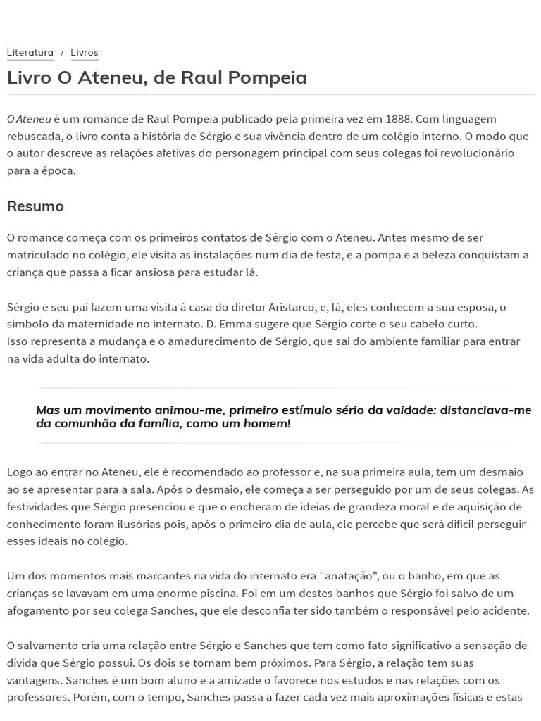 O Ateneu - Resumo e Análise Da Obra de Raul Pompeia - Cultura Genial | PDF
