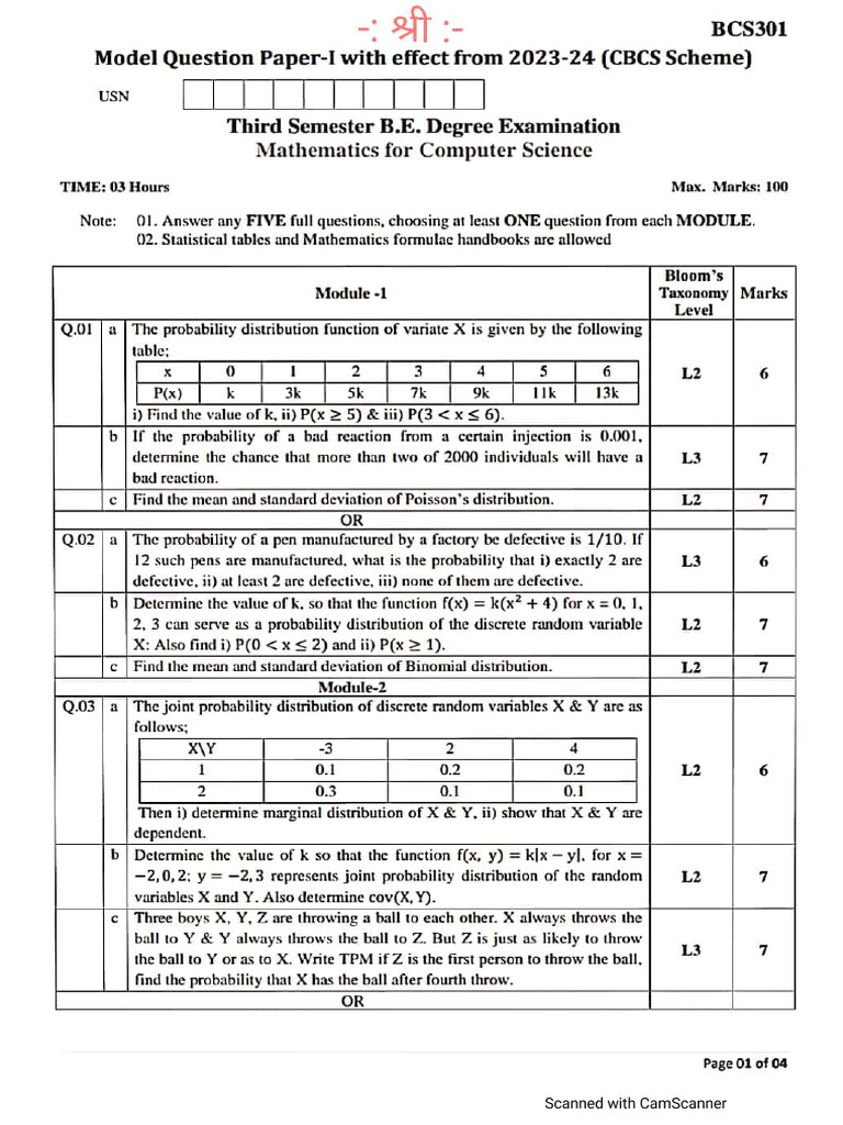 Vtu Maths BCS301 - MQP With Solns - SRS | PDF