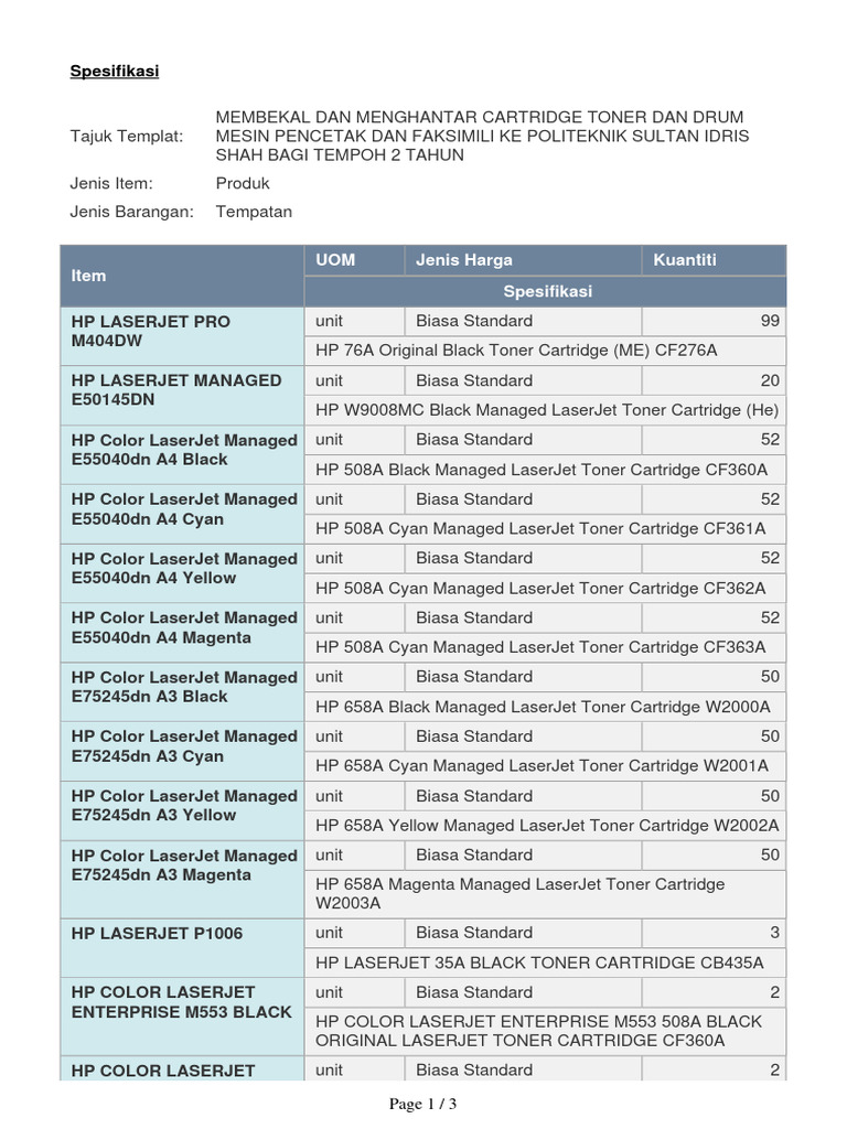 Spesifikasi Toner | PDF | Peralatan Kantor | Pekerjaan Kantor