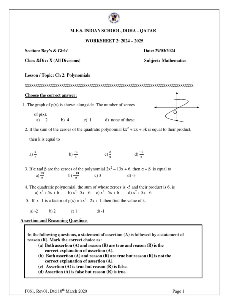 Class 10 Math Polynomials Worksheet | PDF | Quadratic Equation | Polynomial