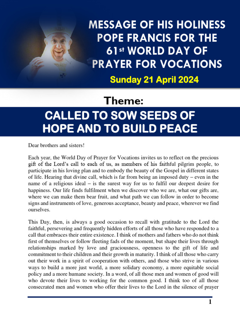 Pope's Message For Vocations' Sunday 2024 | PDF | Prayer | Jesus