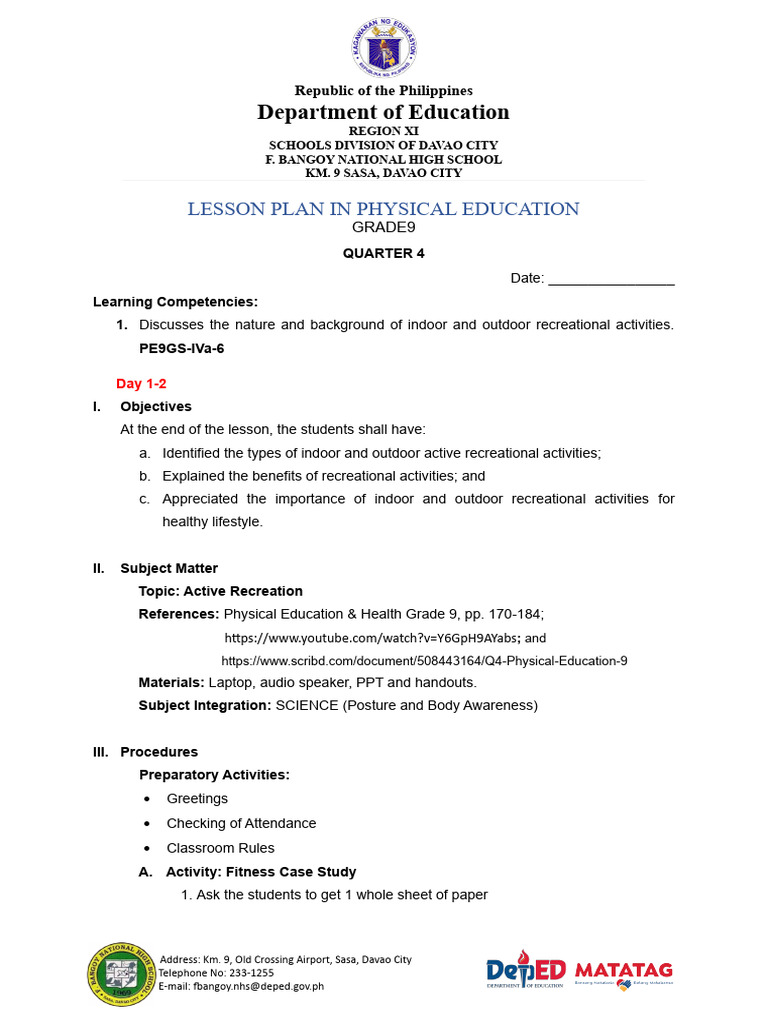 Lesson Plan - Pe 9 - Quarter 4 - Active Recreation | PDF | Physical ...