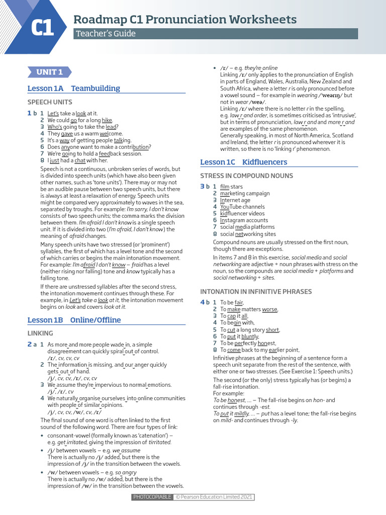 C1 Pronunciation Worksheets Guide | PDF | Stress (Linguistics ...