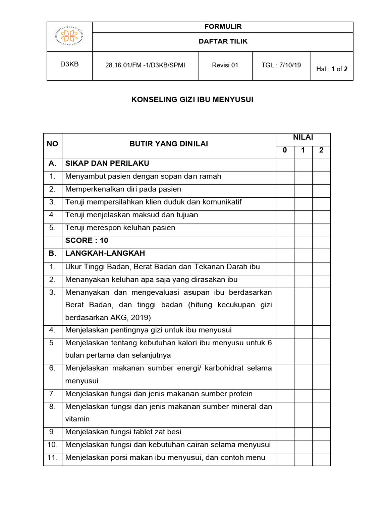 Daftar Tilik Konseling Gizi Ibu Menyusui 2023 | PDF | Kesehatan Holistik