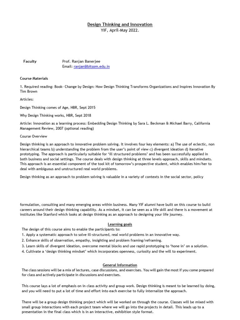 Design Thinking and Innovation Course Outline - ZZZZ | PDF | Design ...
