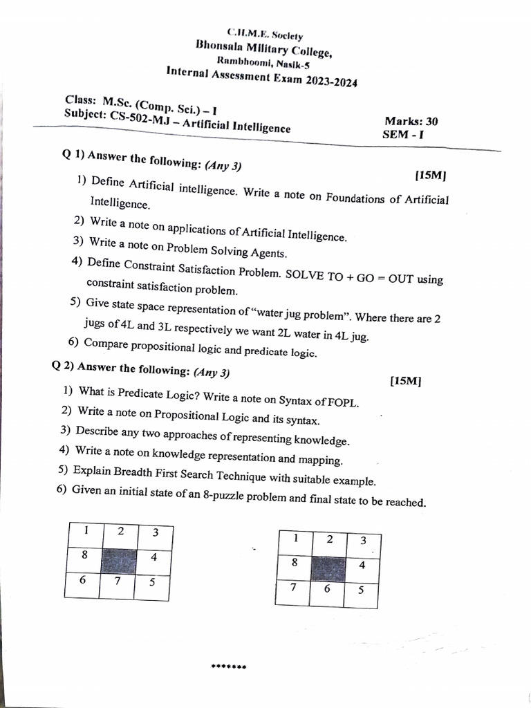 Artificial Intelligence Internal Question Paper | PDF | Teaching Methods & Materials ...