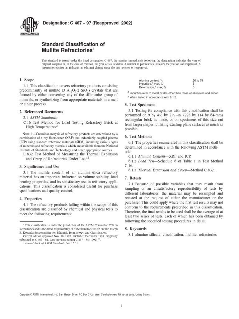 Mullite Refractories: Standard Classification of | PDF | Refractory ...