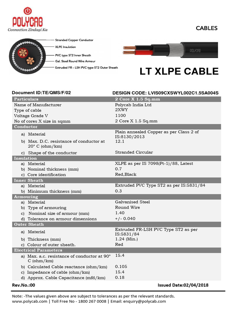 LT Xlpe Cable: Design Code: Lvis09Cxswyl002C1.5Sa004S Document ID:TE/QMS/F/02 | PDF | Electrical ...