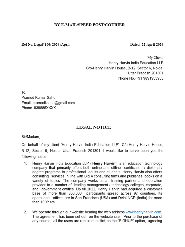 Legal Notice For Defamation-Pramod | PDF | Defamation | Lawsuit