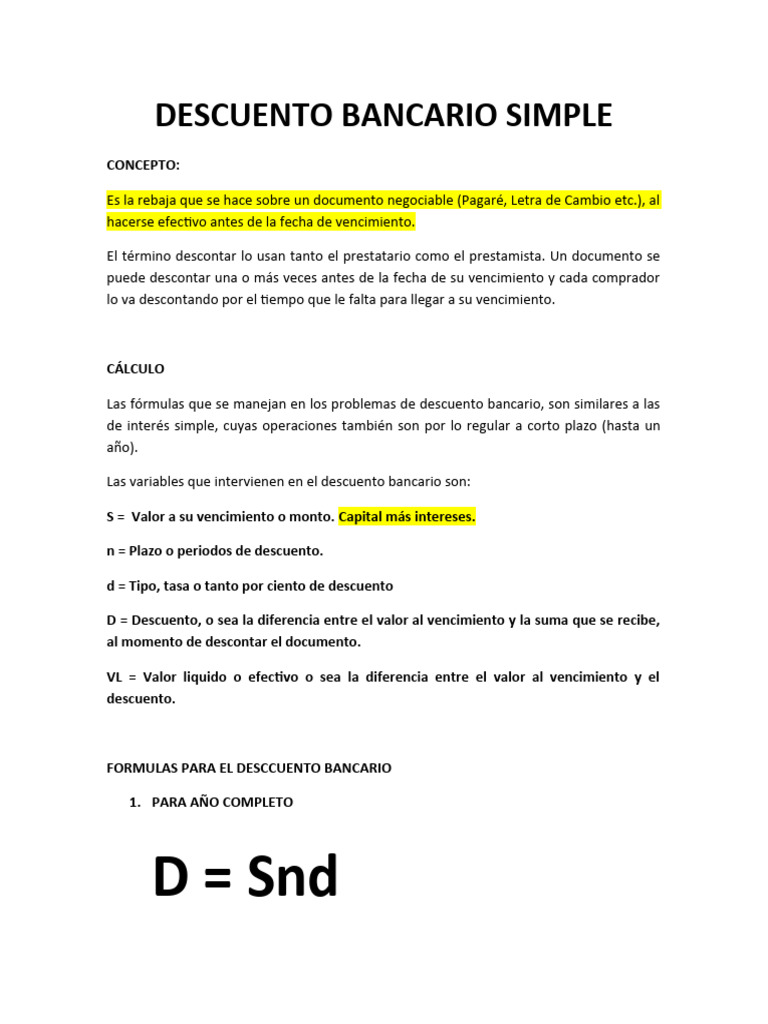 Descuento Bancario Simple | PDF | Interés | Dinero
