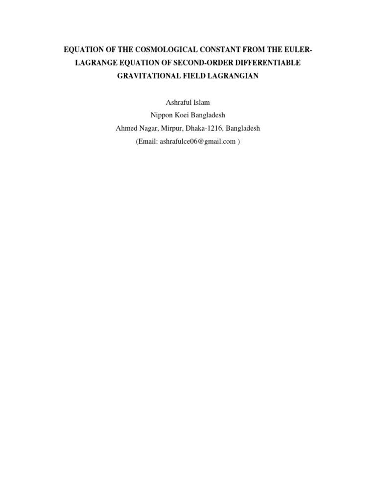 Equation of The Cosmological Constant From The Euler-Lagrange Equation ...