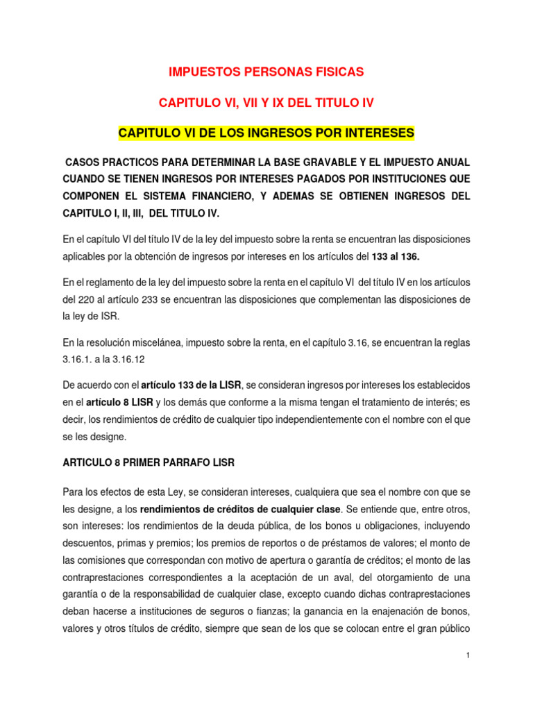 Material de Estudio Capitulo Vi, Vii y Ix Titulo Iv Impuestos Personas Fisicas | PDF | Impuesto ...