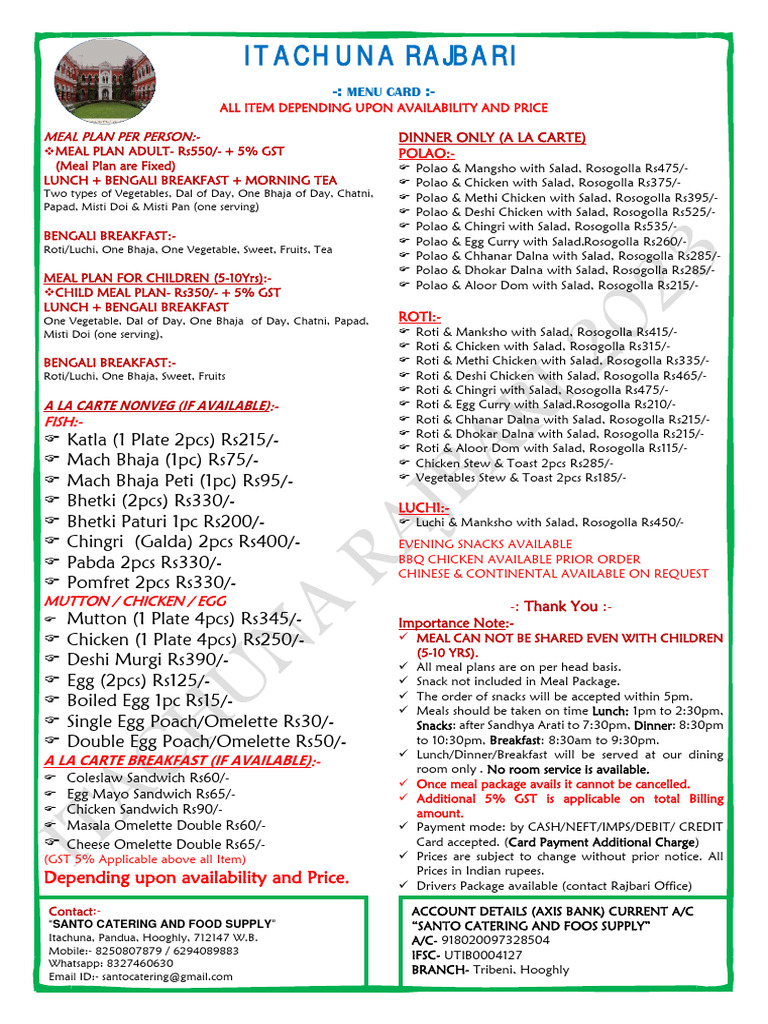 Itachuna Rajbari Menu Card (SCFS) 2023-24 | Download Free PDF | Meal ...