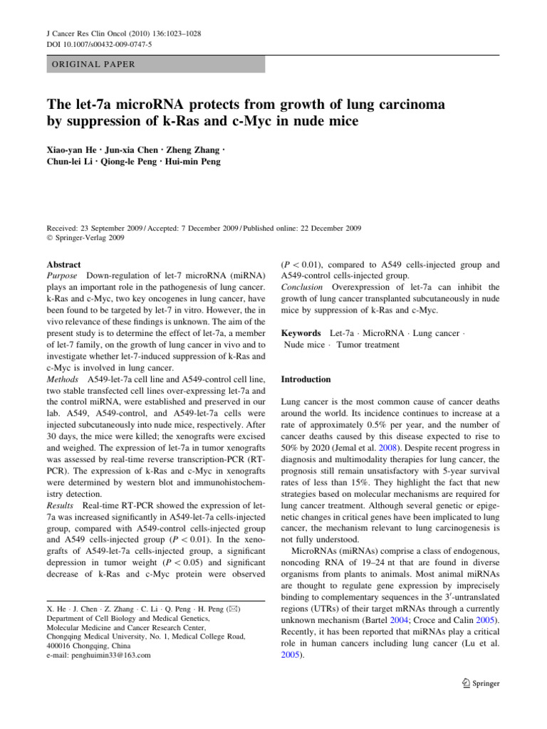 The Let-7a microRNA Protects From Growth of Lung Carcinoma by ...