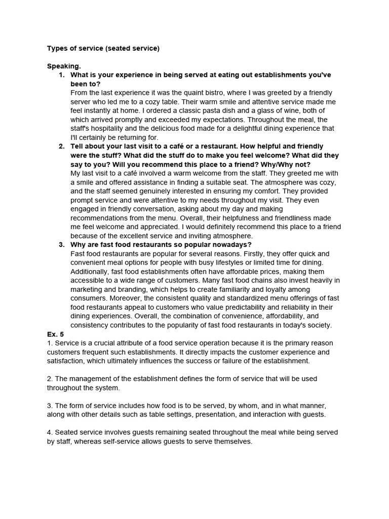 Types of Service | PDF | Restaurants | Fast Food