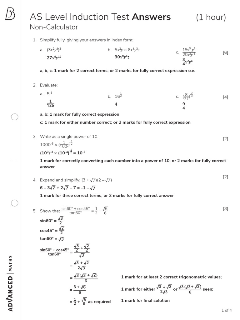 AS Level Induction Test - Answers | PDF | Mathematical Objects | Equations