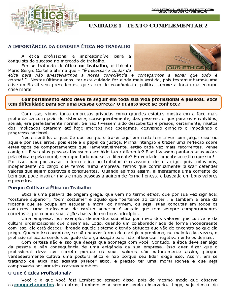 5 - Texto Complementar 2 - A Importância Da Conduta Ética No Trabalho | Download grátis PDF ...