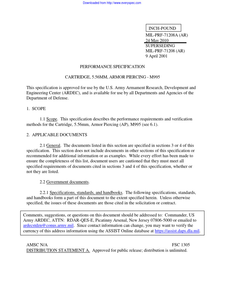 Mil-Prf-71208a - Cartridge, 5.56MM, Armor Piercing - M995 | PDF ...