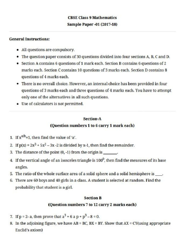 DPS-Sample-Question-paper Class 9 Maths | PDF