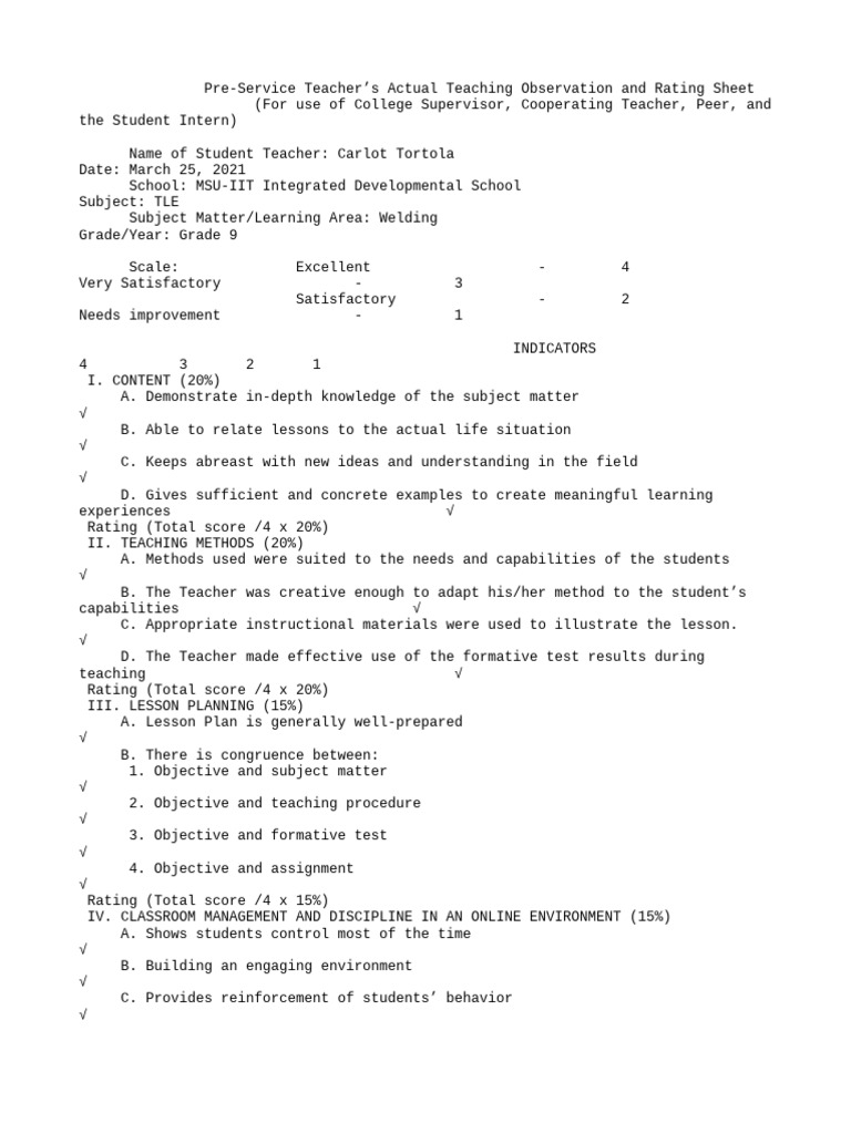 Teacher Observation Rating Sheet | PDF | Teachers | Learning