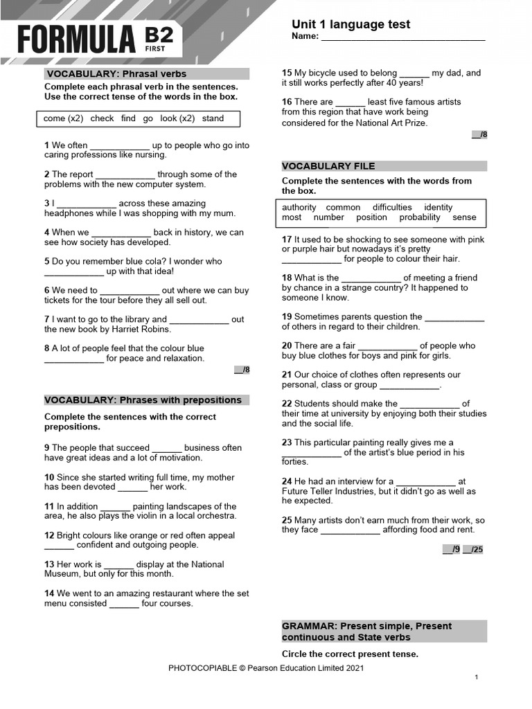 Formula B2 Unit 1 Test | PDF | Linguistics | Grammar