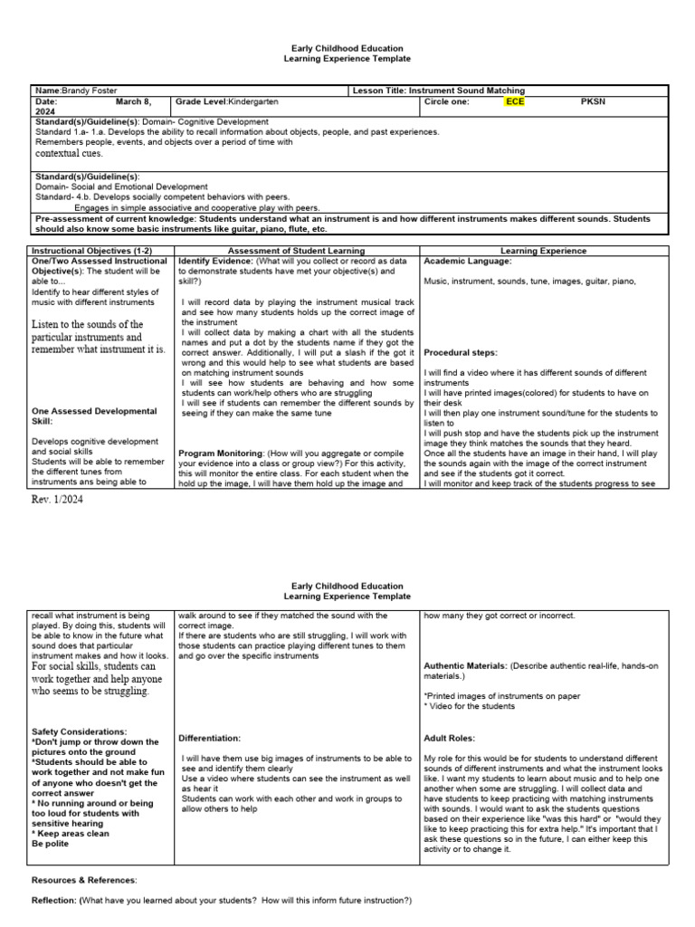 Ece Lesson Plan Template 4 3 | PDF | Learning | Musical Instruments