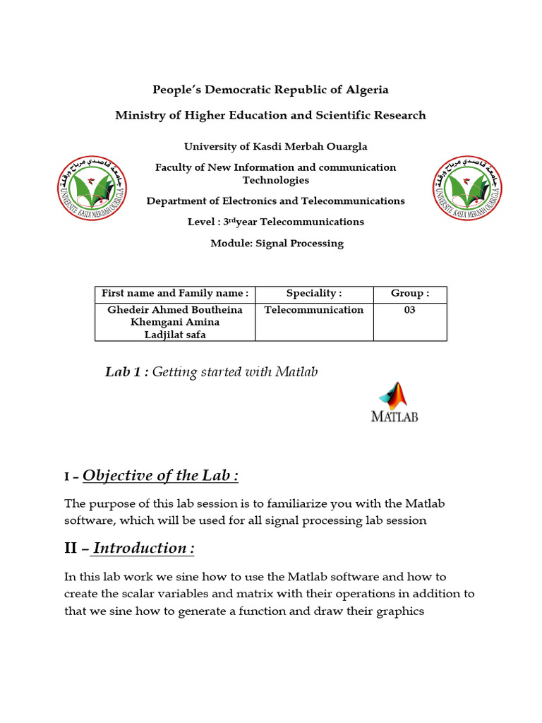 Lab1 signal processing | PDF | Matrix (Mathematics) | Matlab