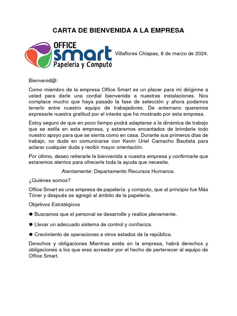 Carta de Bienvenida A La Empresa | Descargar gratis PDF | Business