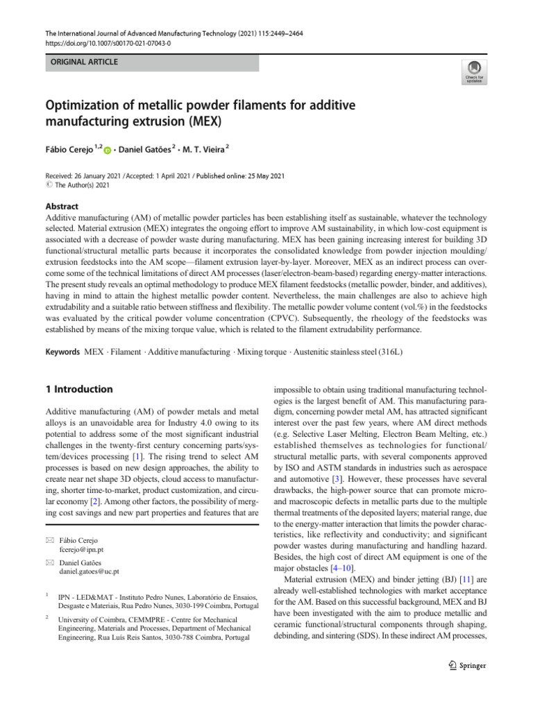 Optimization of Metallic Powder Filaments For Additive Manufacturing Extrusion (MEX) | PDF ...