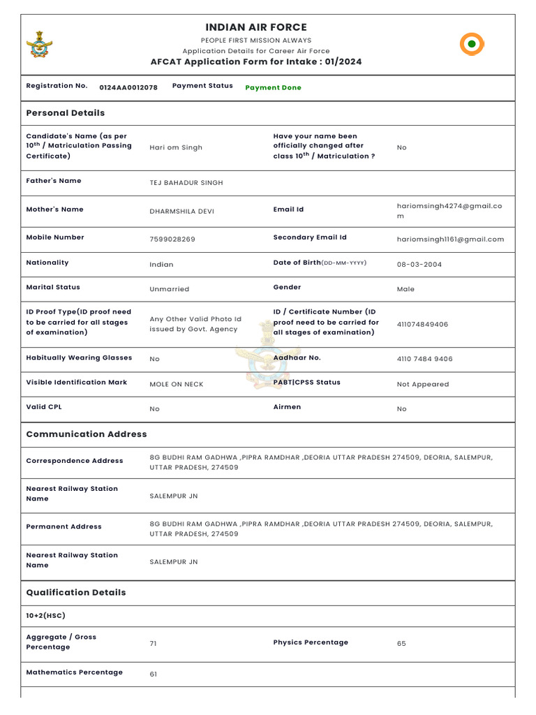 AFCAT 2024 Application Details | PDF