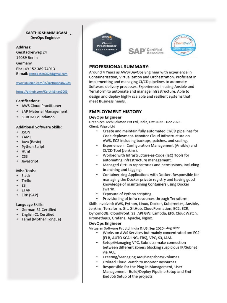 CV Karthikeyan Shanmugam AWS DevOps | Download Free PDF | Amazon Web Services | Software Development